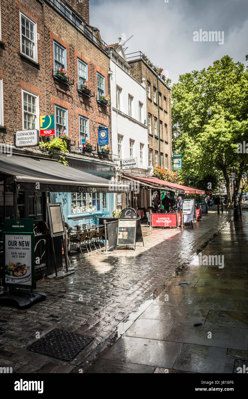 A rain-soaked but sunlit Cosmo Place, Bloomsbury, London, WC1, England ...