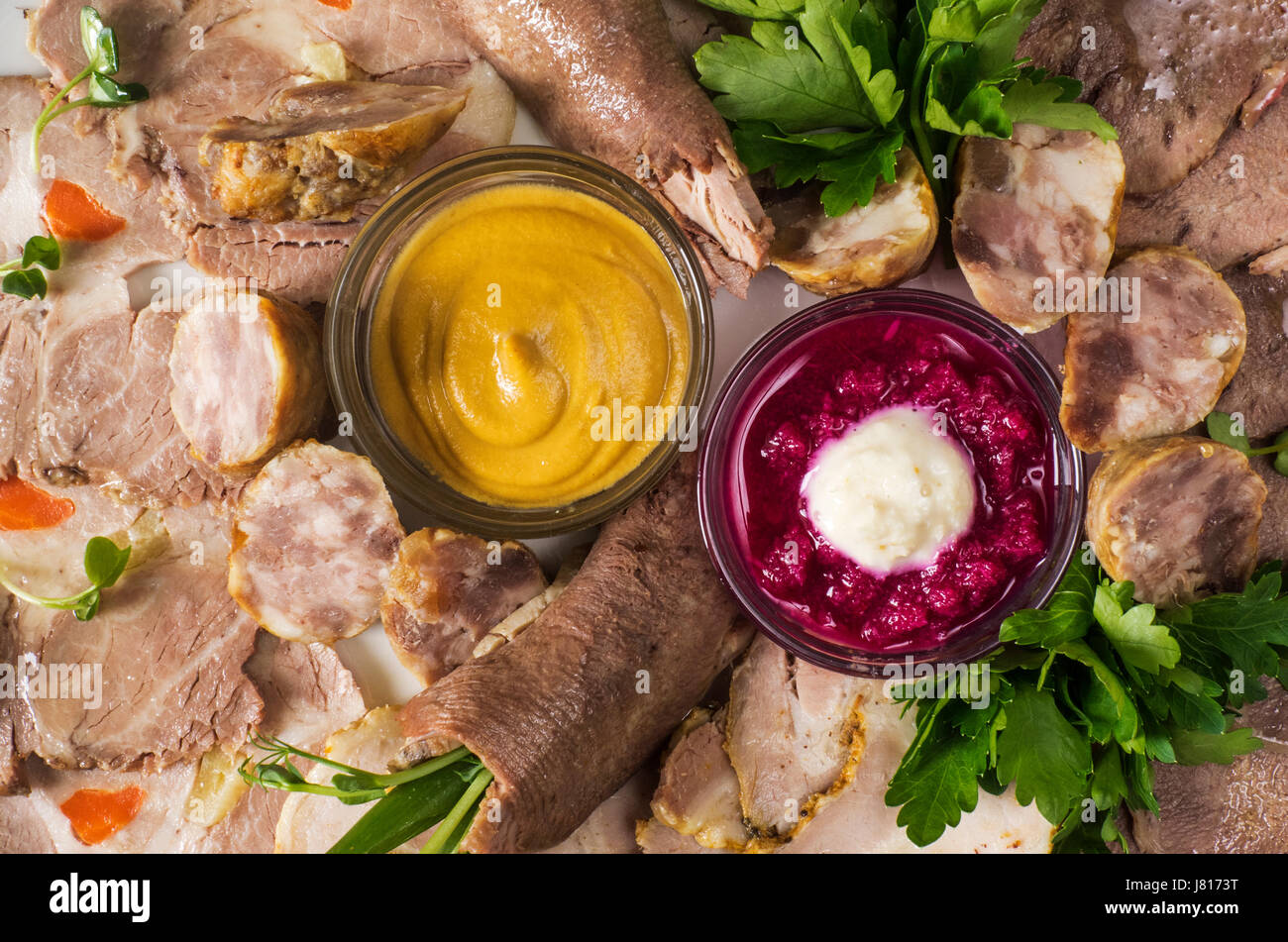 Homemade cold cuts with mustard and horseradish Stock Photo - Alamy