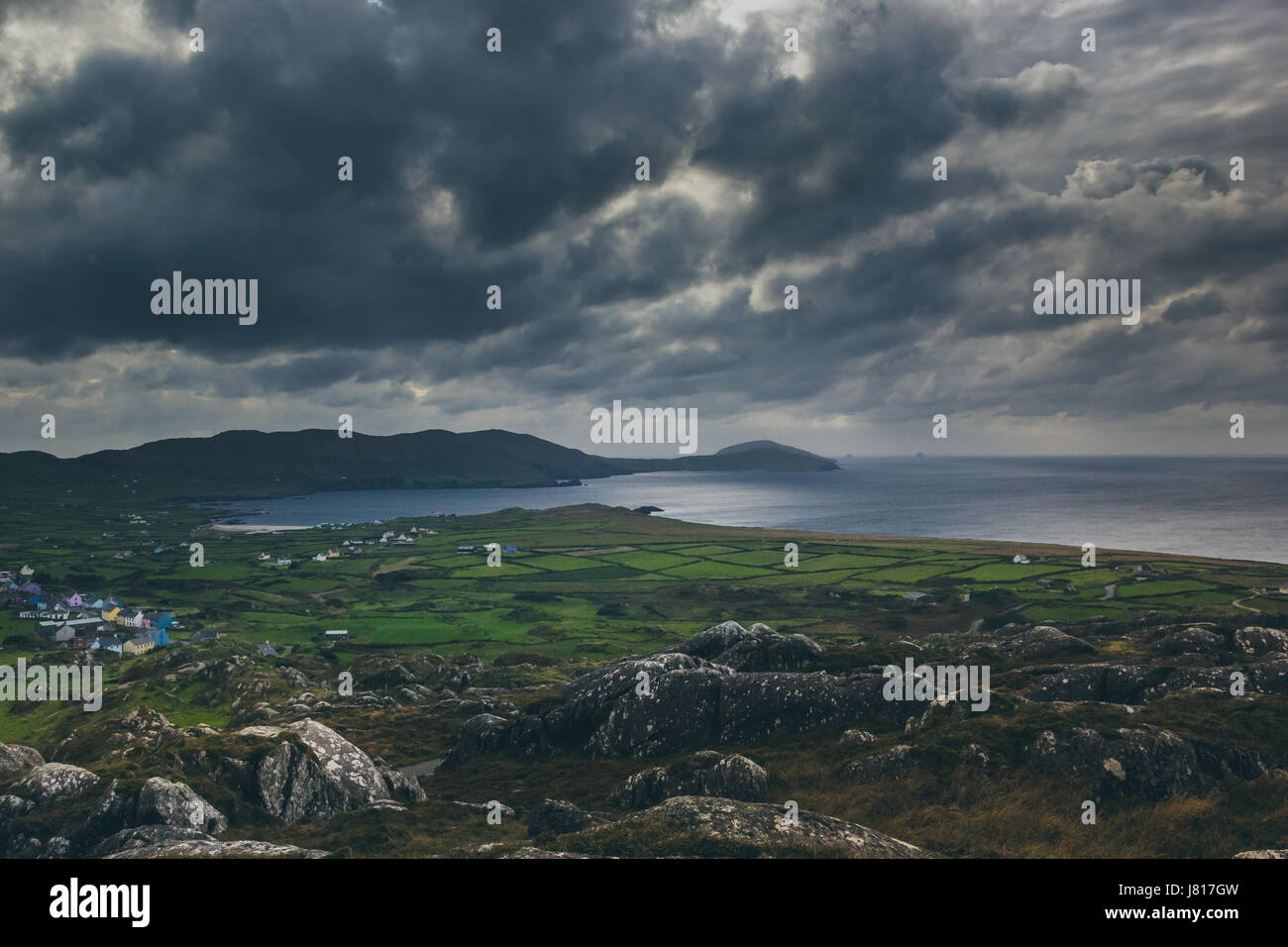 the Allihies village and the cliff fields with the Ballydonegan Bay ...