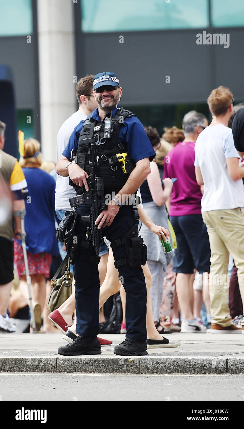 Armed police officers patrol outside the Aviva Premiership Rugby Final ...
