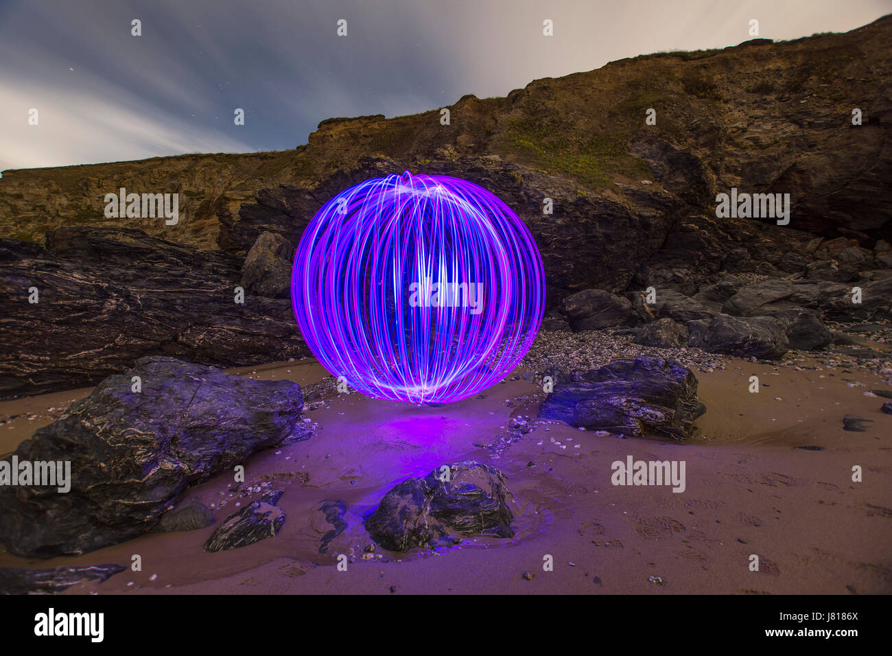 Light Painting Orb on the Beach - Porthtowan, Cornwall, UK Stock Photo ...