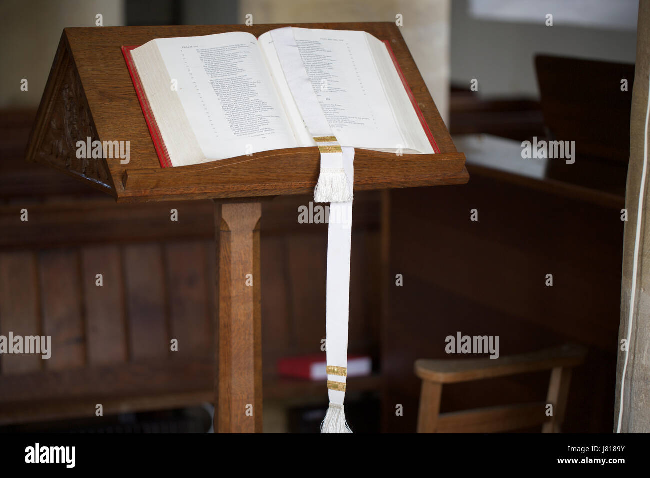Bible and lectern in an Anglican church with Easter bookmark Stock ...