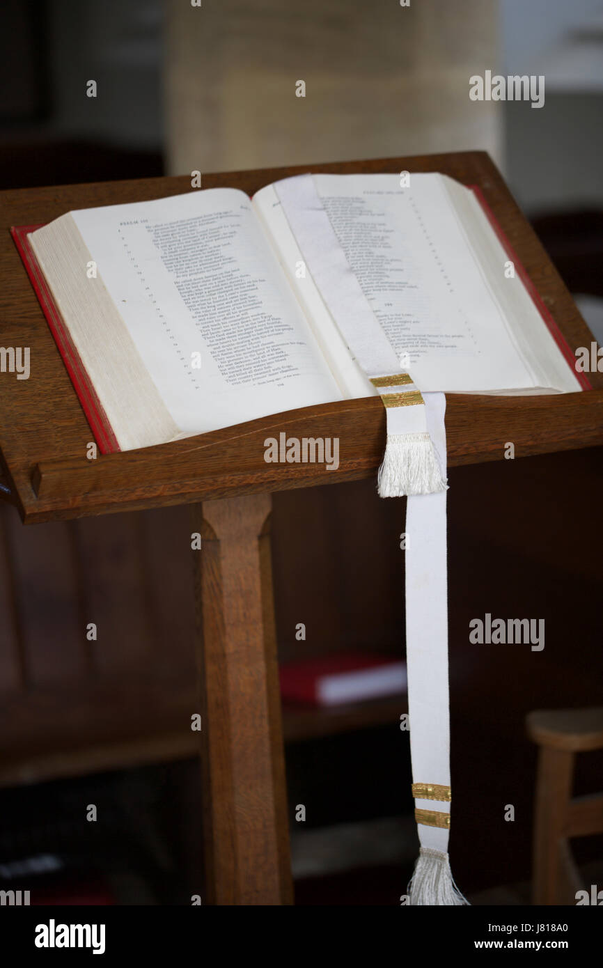 Bible and lectern in an Anglican church with Easter bookmark Stock ...