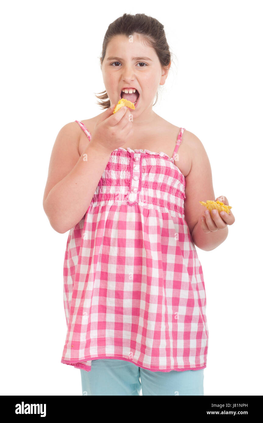 portrait small tiny little short hungry kid chips child eating eat eats ...