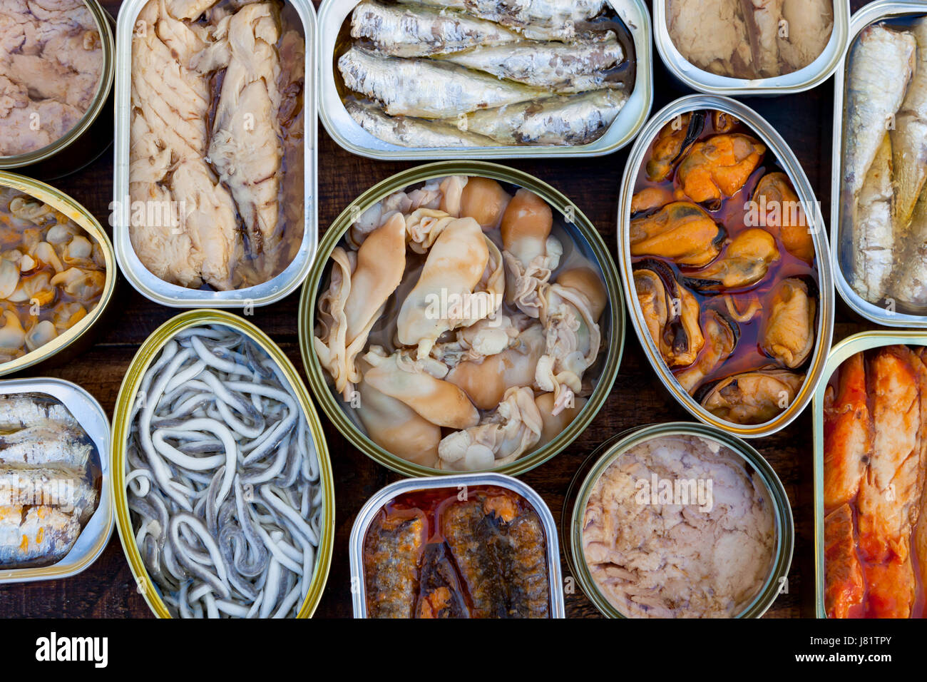 Assortment of open tin cans for a healthy dinner Stock Photo - Alamy