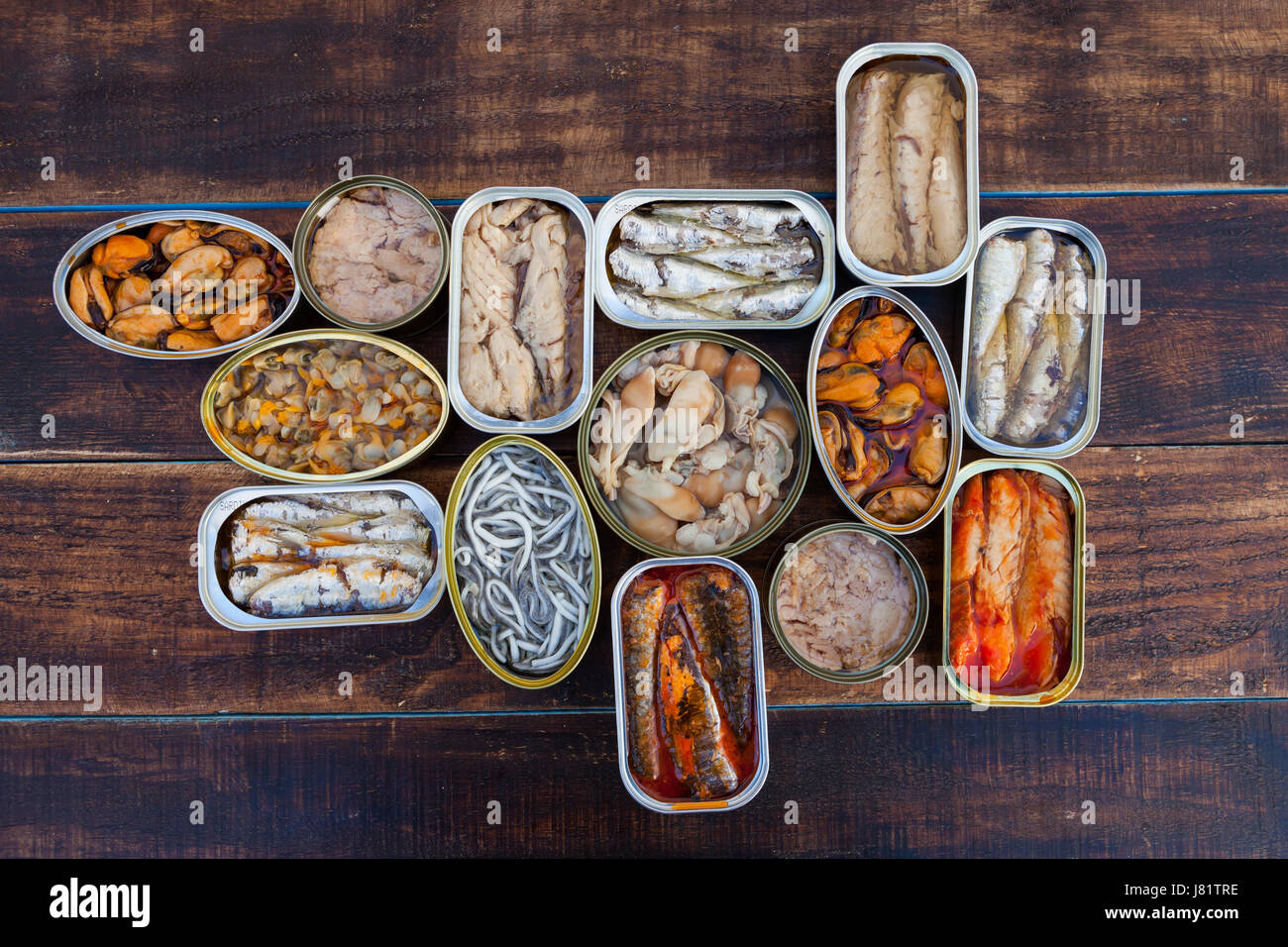 Assortment of open tin cans for a healthy dinner Stock Photo - Alamy