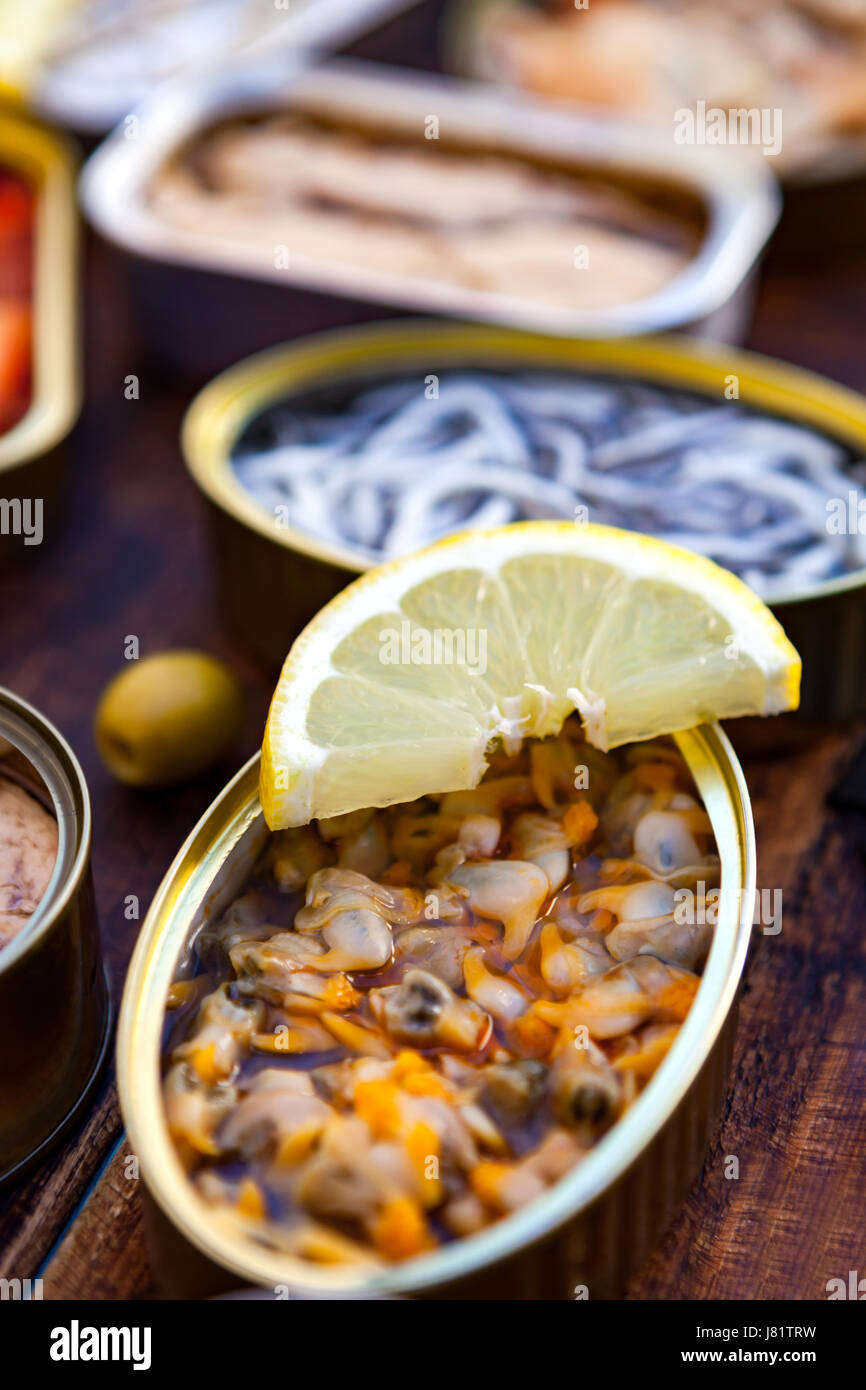 Assortment of open tin cans for a healthy dinner Stock Photo - Alamy