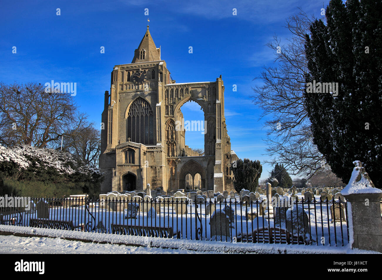 Winter snow; Crowland Abbey; Crowland town; Lincolnshire; England; UK ...