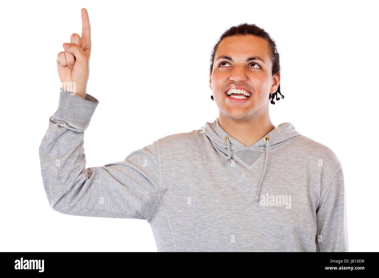 dark-skinned man showing smiling on fictitious advertising text Stock ...