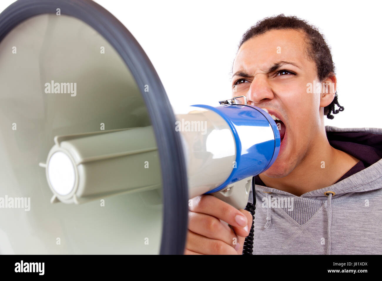 frustration loud rage african student megaphone man talk speaking ...