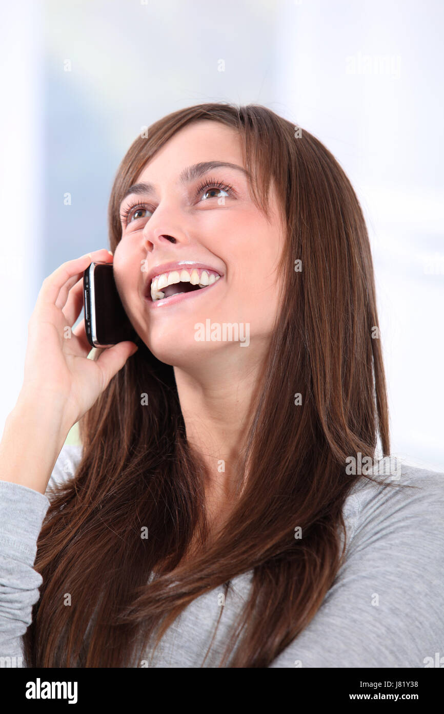 woman conversation telephone phone laugh laughs laughing twit giggle ...
