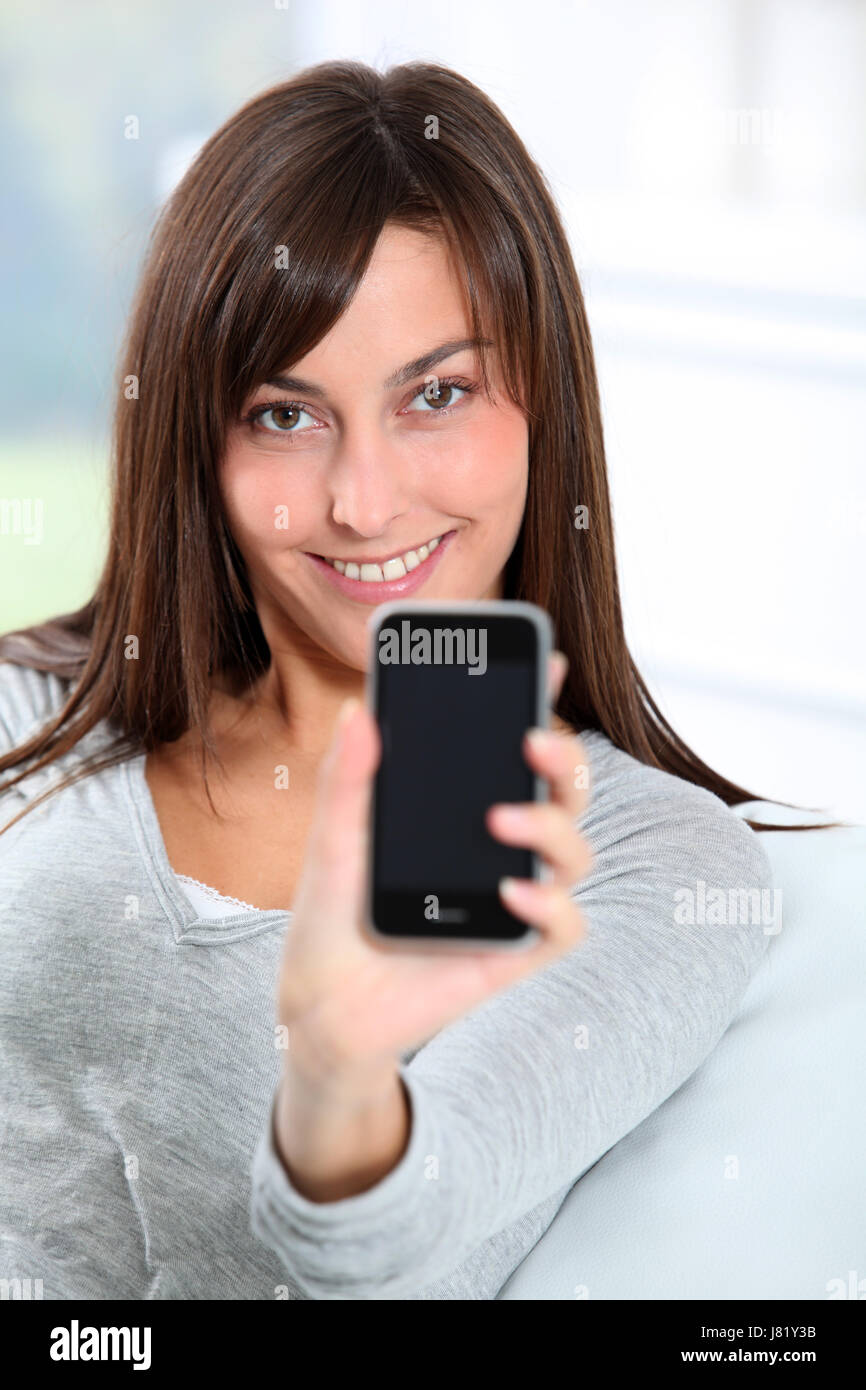 woman telephone phone laugh laughs laughing twit giggle smile smiling ...