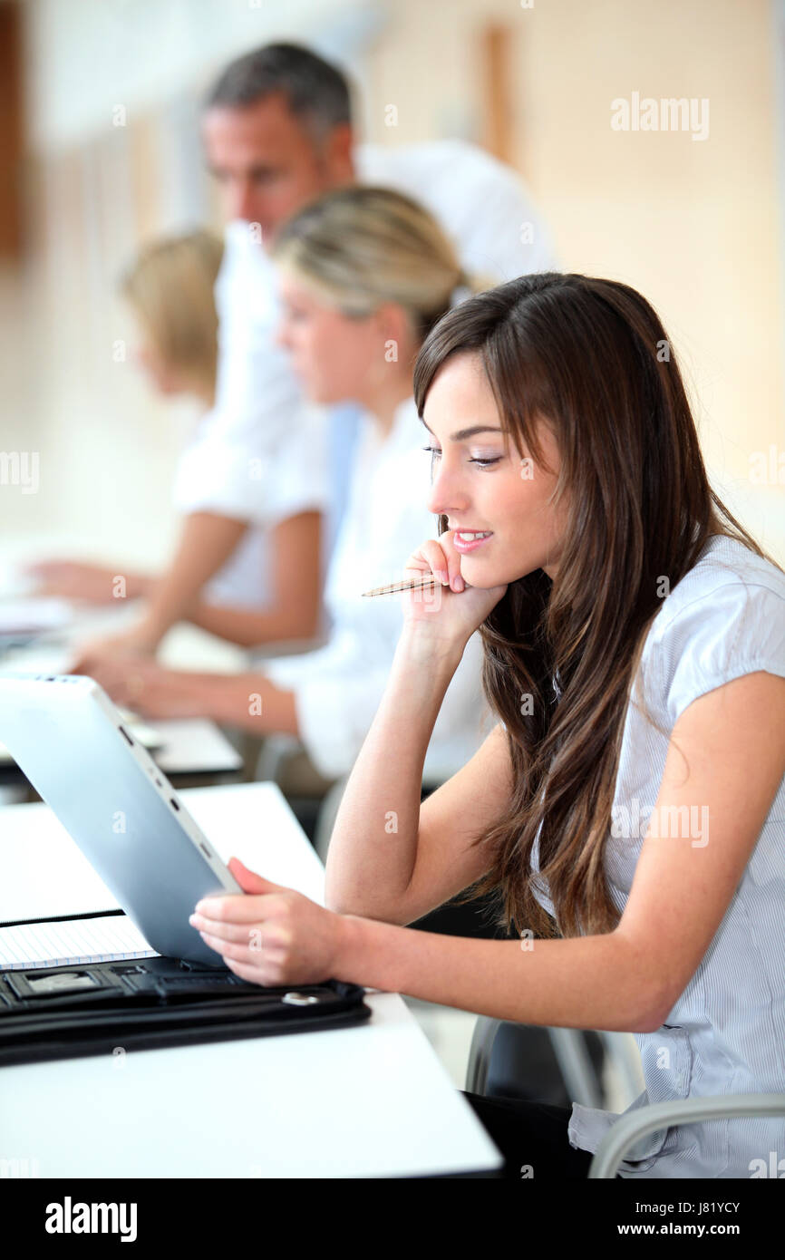 woman newspaper journal office laptop notebook computers computer ...