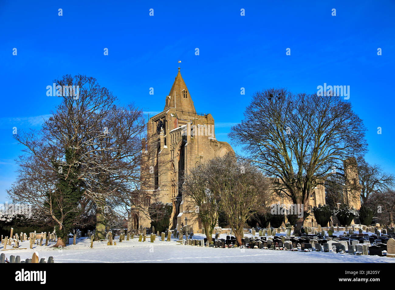 Winter snow; Crowland Abbey; Crowland town; Lincolnshire; England; UK ...