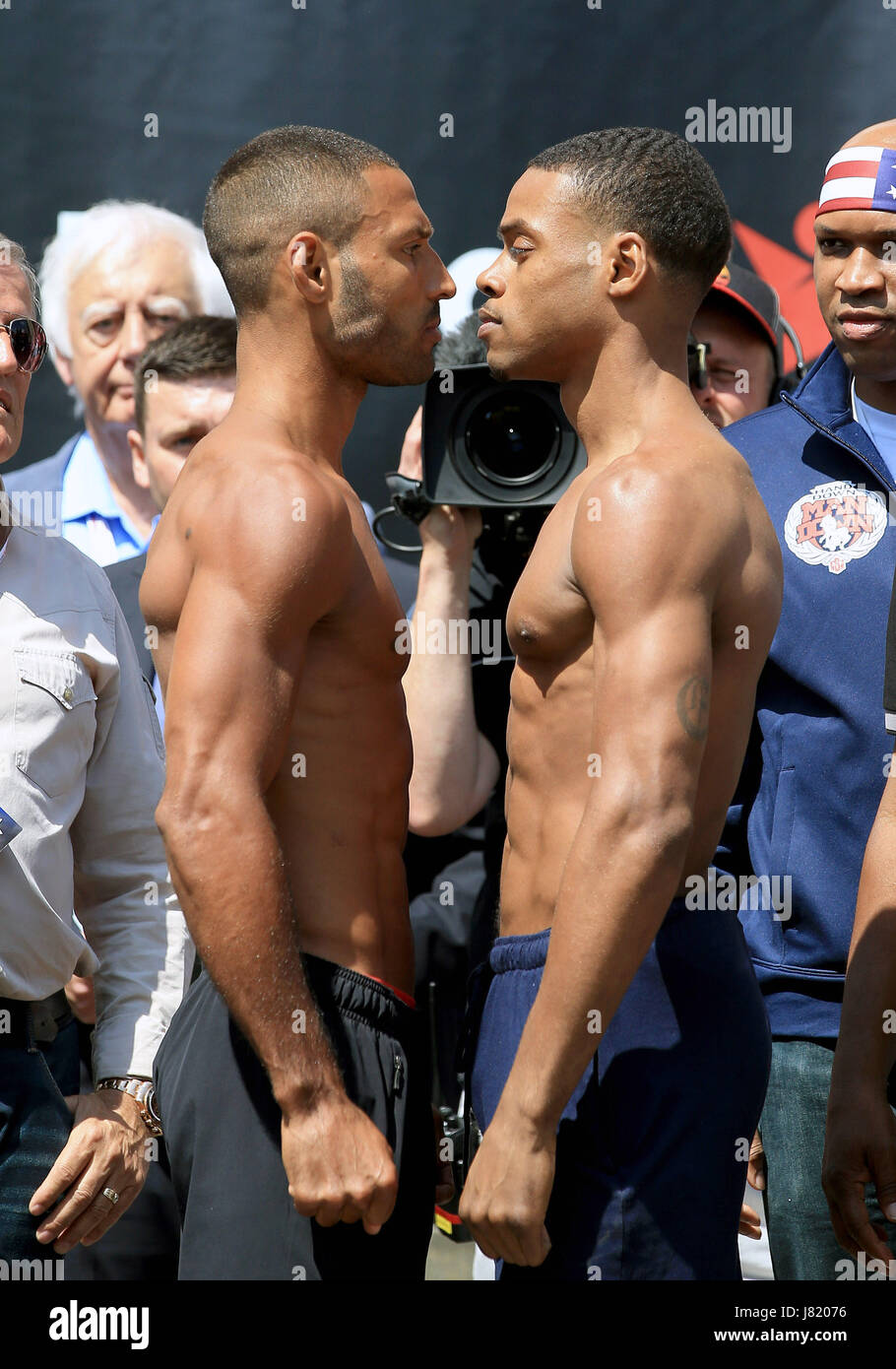 Kell Brook (left) and Errol Spence Jnr during the weigh-in at Sheffield ...