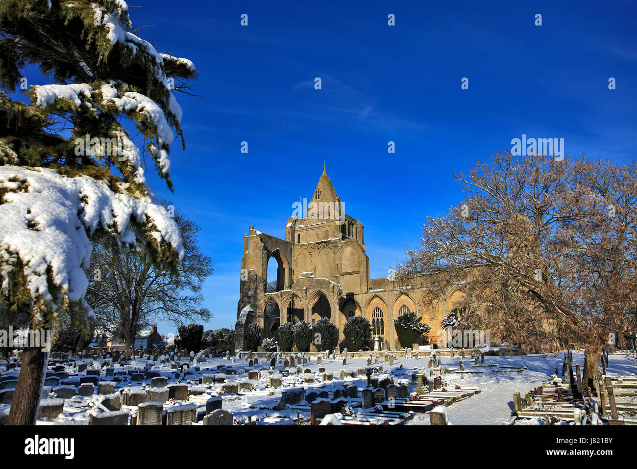 Winter snow; Crowland Abbey; Crowland town; Lincolnshire; England; UK ...
