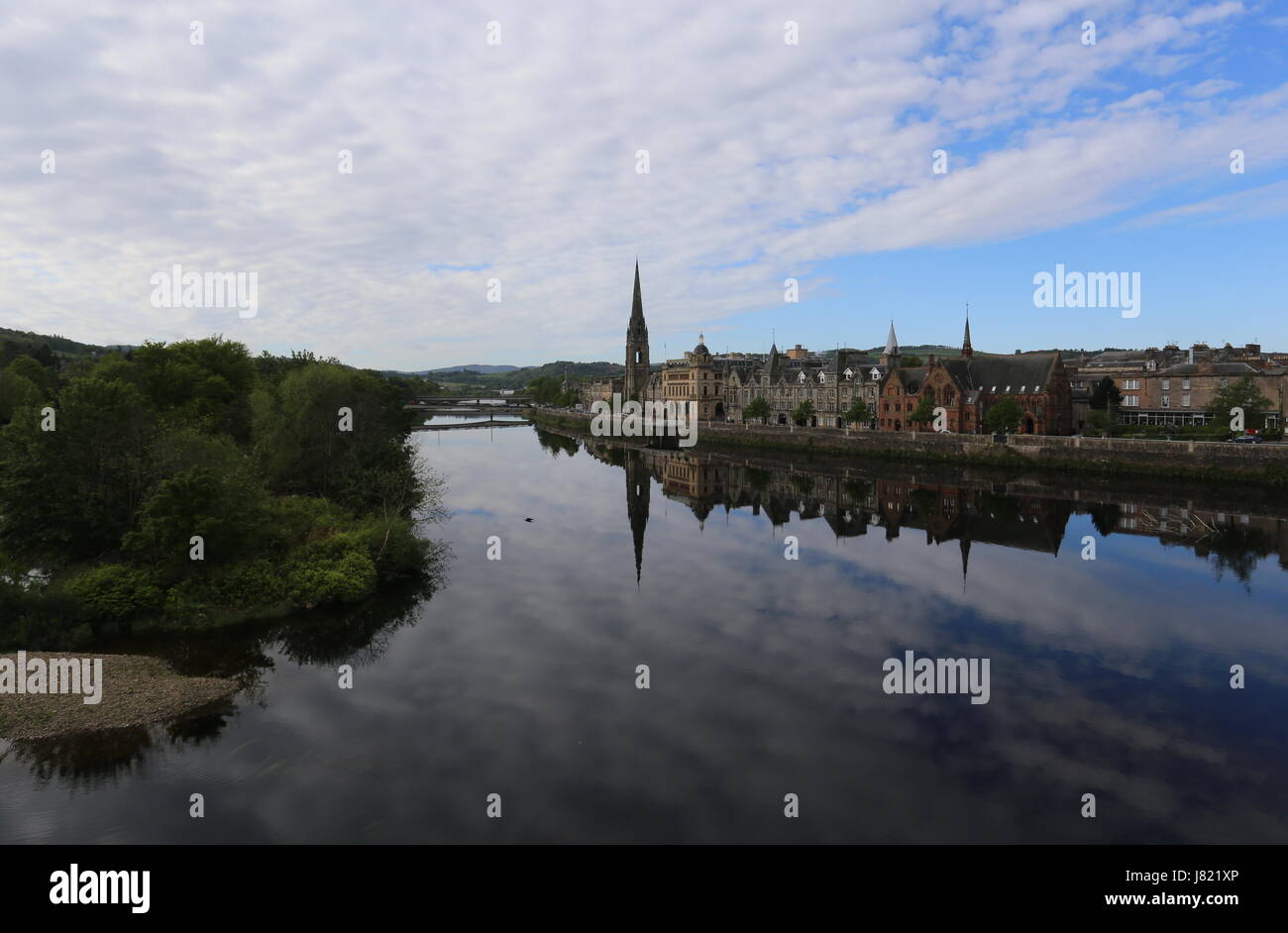Perth waterfront reflected in River Tay Scotland May 2017 Stock Photo ...