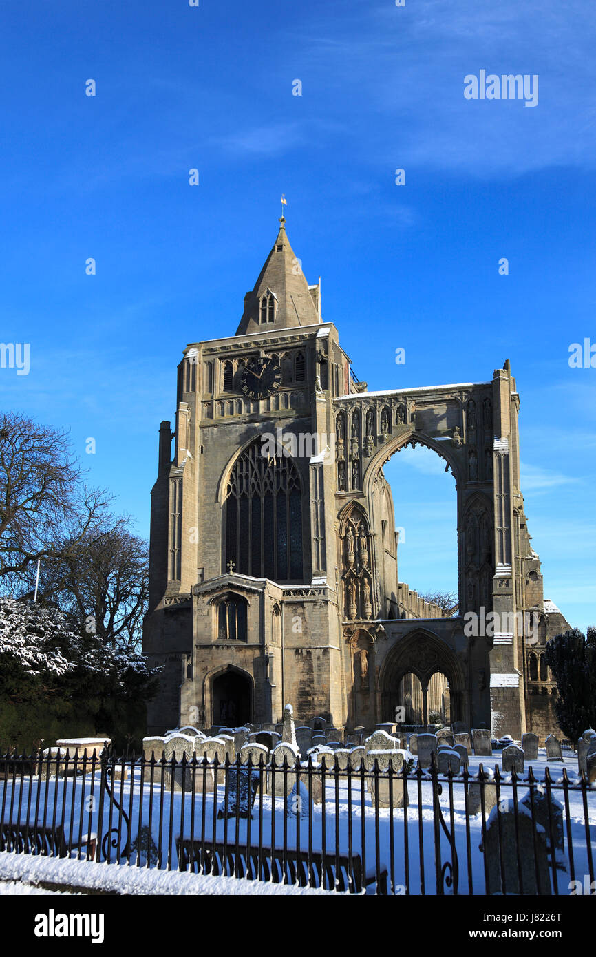 Winter snow; Crowland Abbey; Crowland town; Lincolnshire; England; UK ...