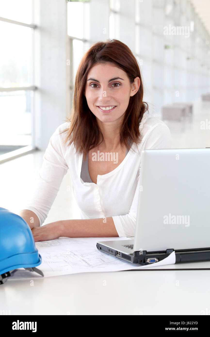 woman office desk model design project concept plan draft portrait ...