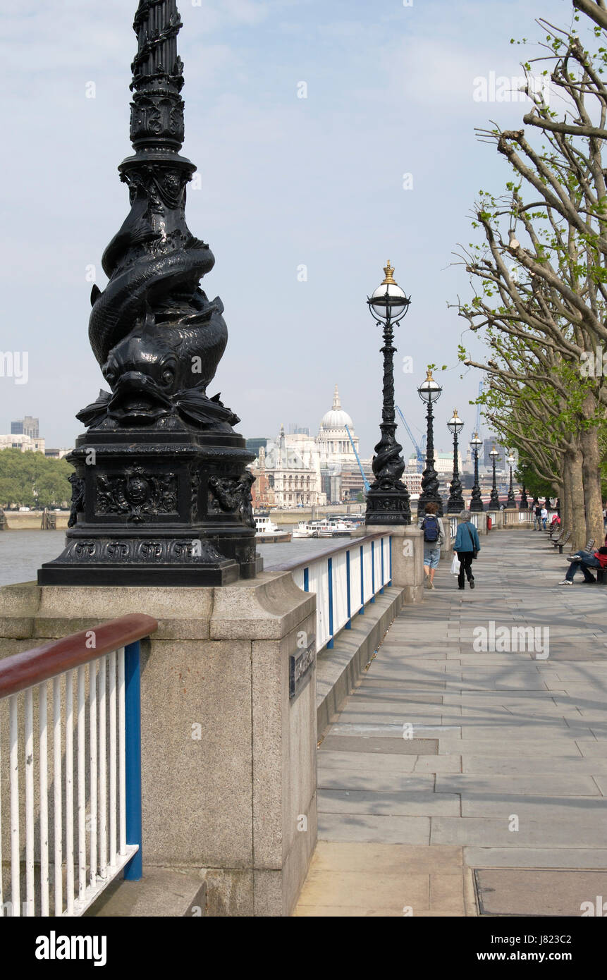 pavement london england thames walkway river water tree cathedral ...
