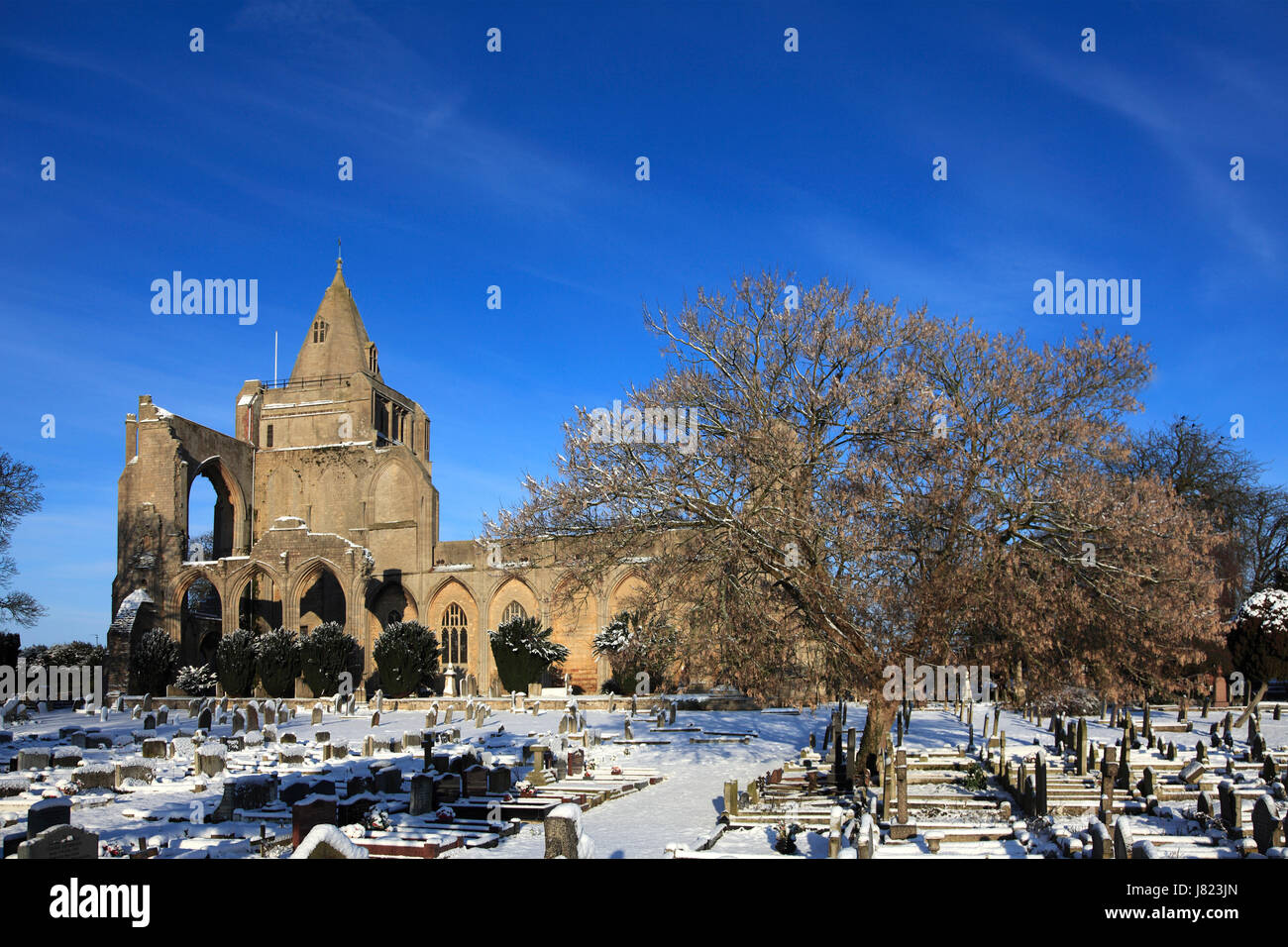 Winter snow; Crowland Abbey; Crowland town; Lincolnshire; England; UK ...