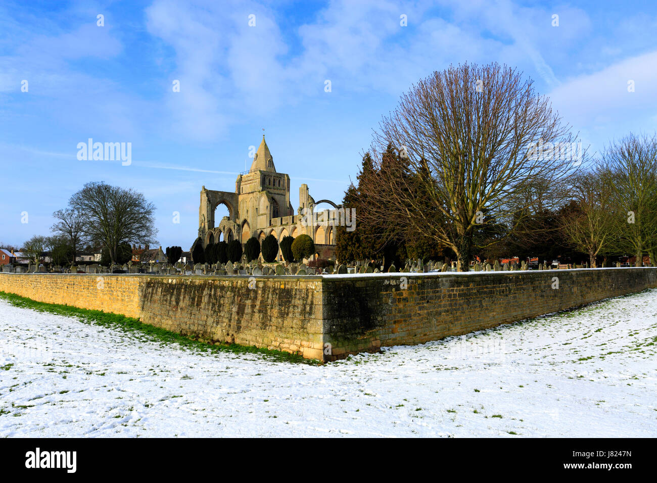 Winter snow; Crowland Abbey; Crowland town; Lincolnshire; England; UK ...