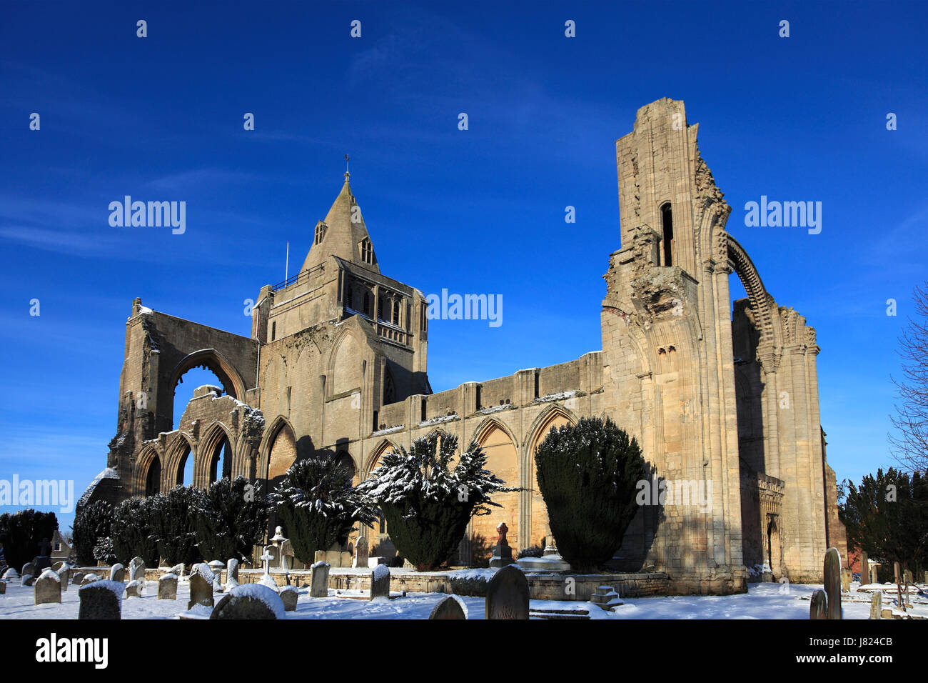 Winter snow; Crowland Abbey; Crowland town; Lincolnshire; England; UK ...