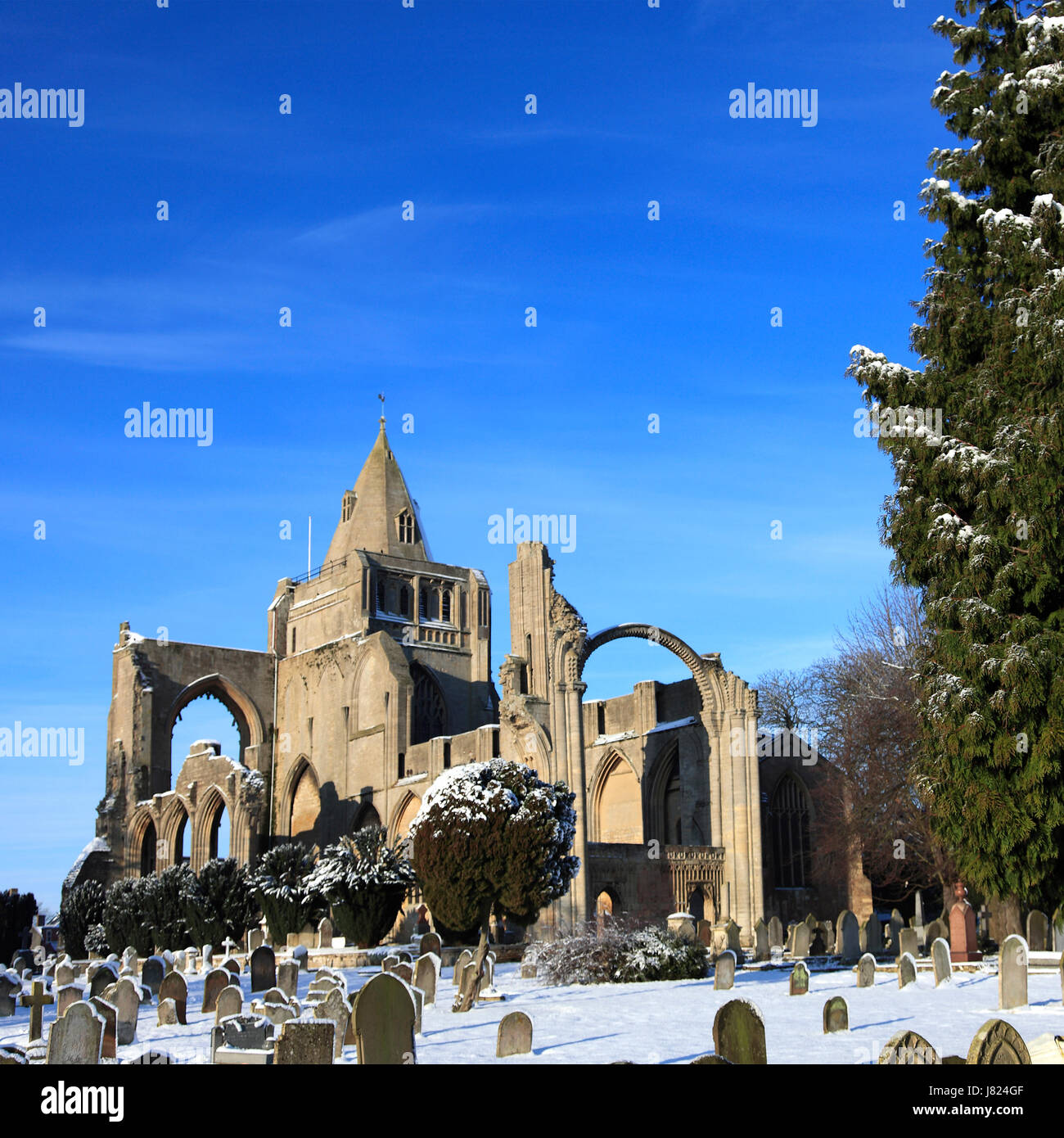 Winter snow; Crowland Abbey; Crowland town; Lincolnshire; England; UK ...