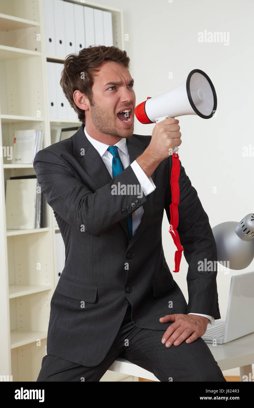 office business man businessman speaking tube shouting shout man laptop ...