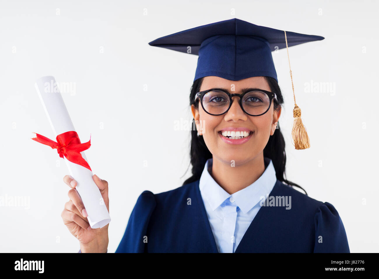 happy bachelor woman in mortarboard with diplomas Stock Photo - Alamy