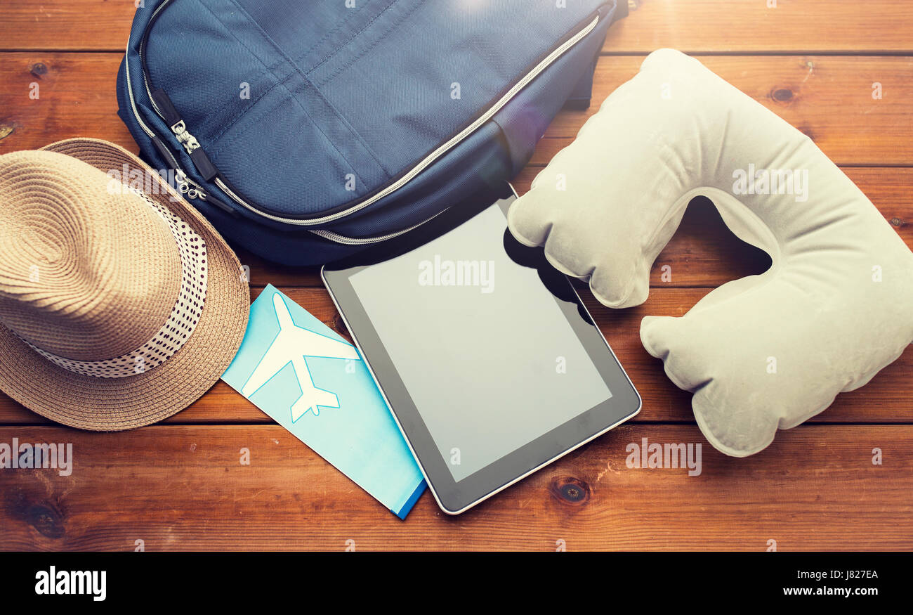 close up of tablet pc and traveler personal stuff Stock Photo - Alamy
