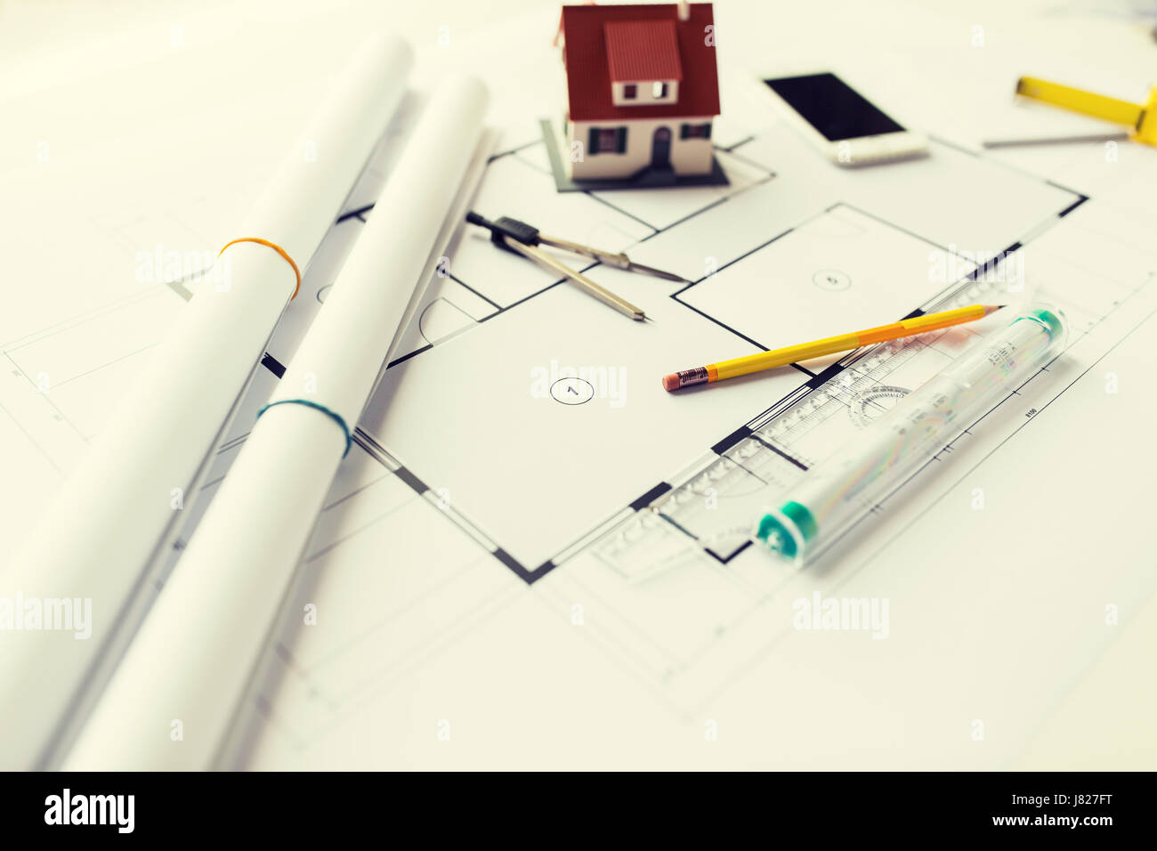 close up of architectural blueprint and tools Stock Photo - Alamy