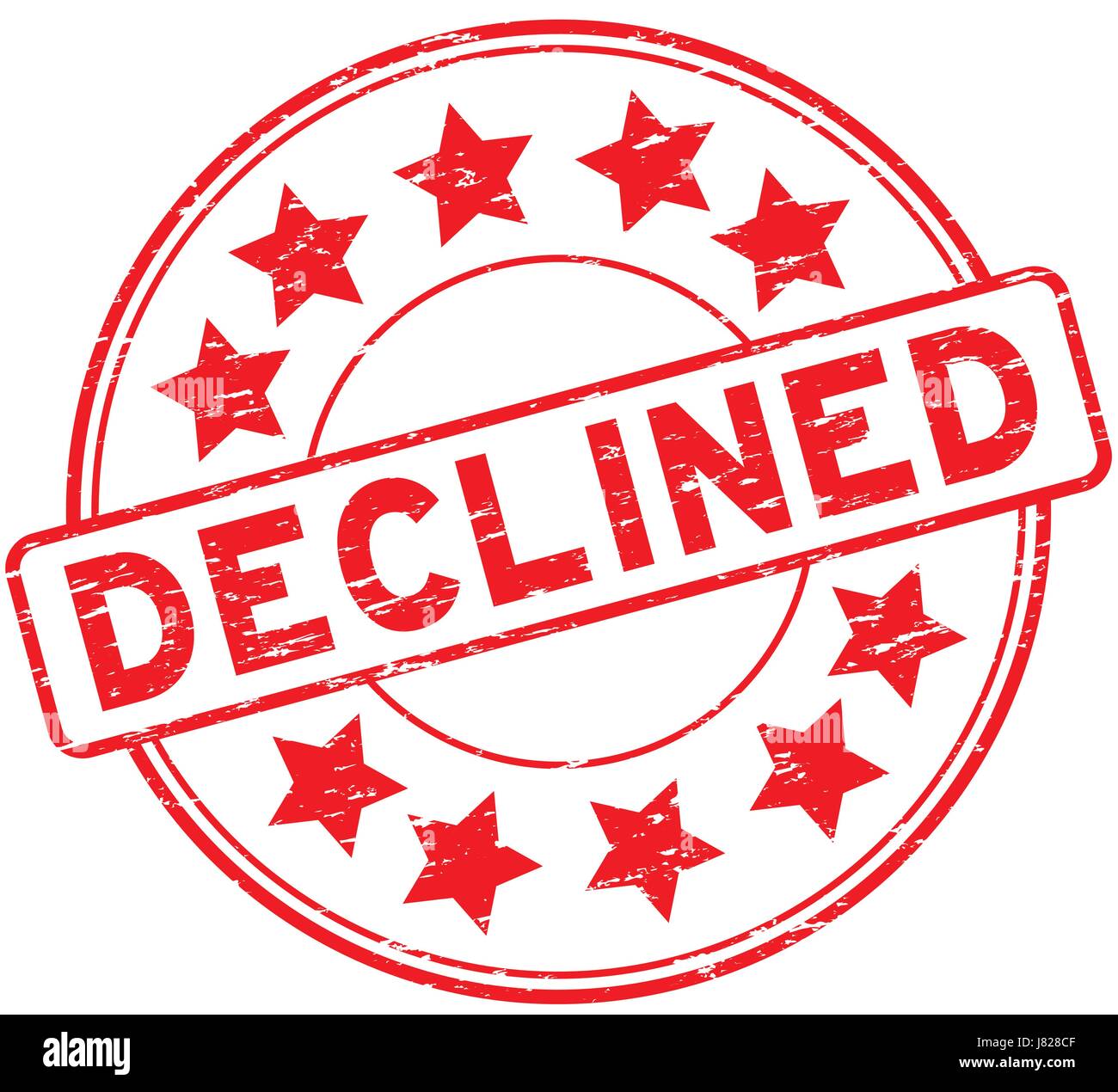 Grunge red declined with star icon round rubber seal stamp on white ...