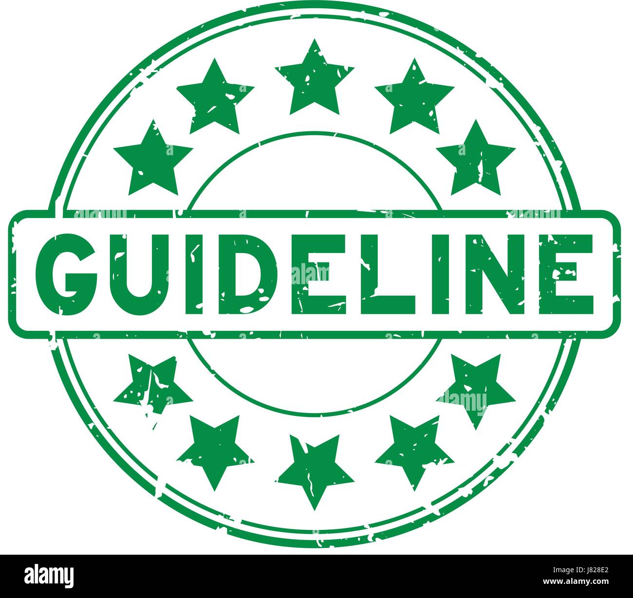 Grunge green guideline with star icon round rubber seal stamp on whtie ...
