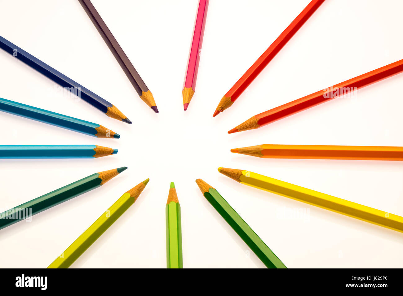 color pencils of different colors making a color wheel on white ...