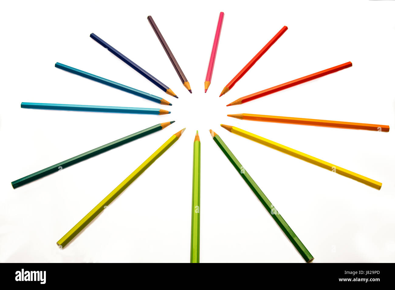 color pencils of different colors making a color wheel on white ...