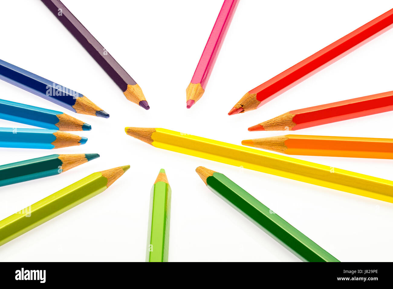 color pencils of different colors making a color wheel on white ...