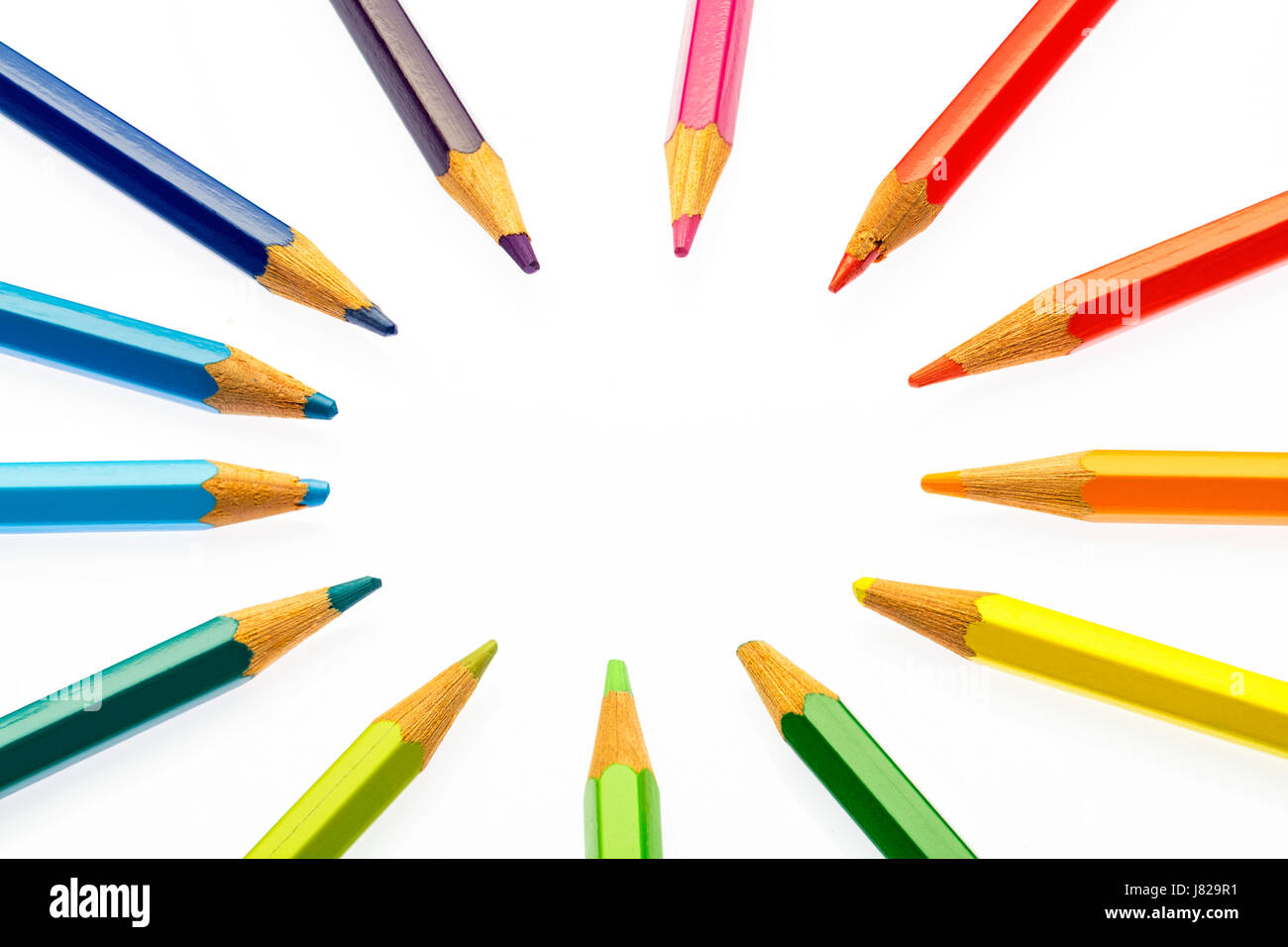 color pencils of different colors making a color wheel on white ...