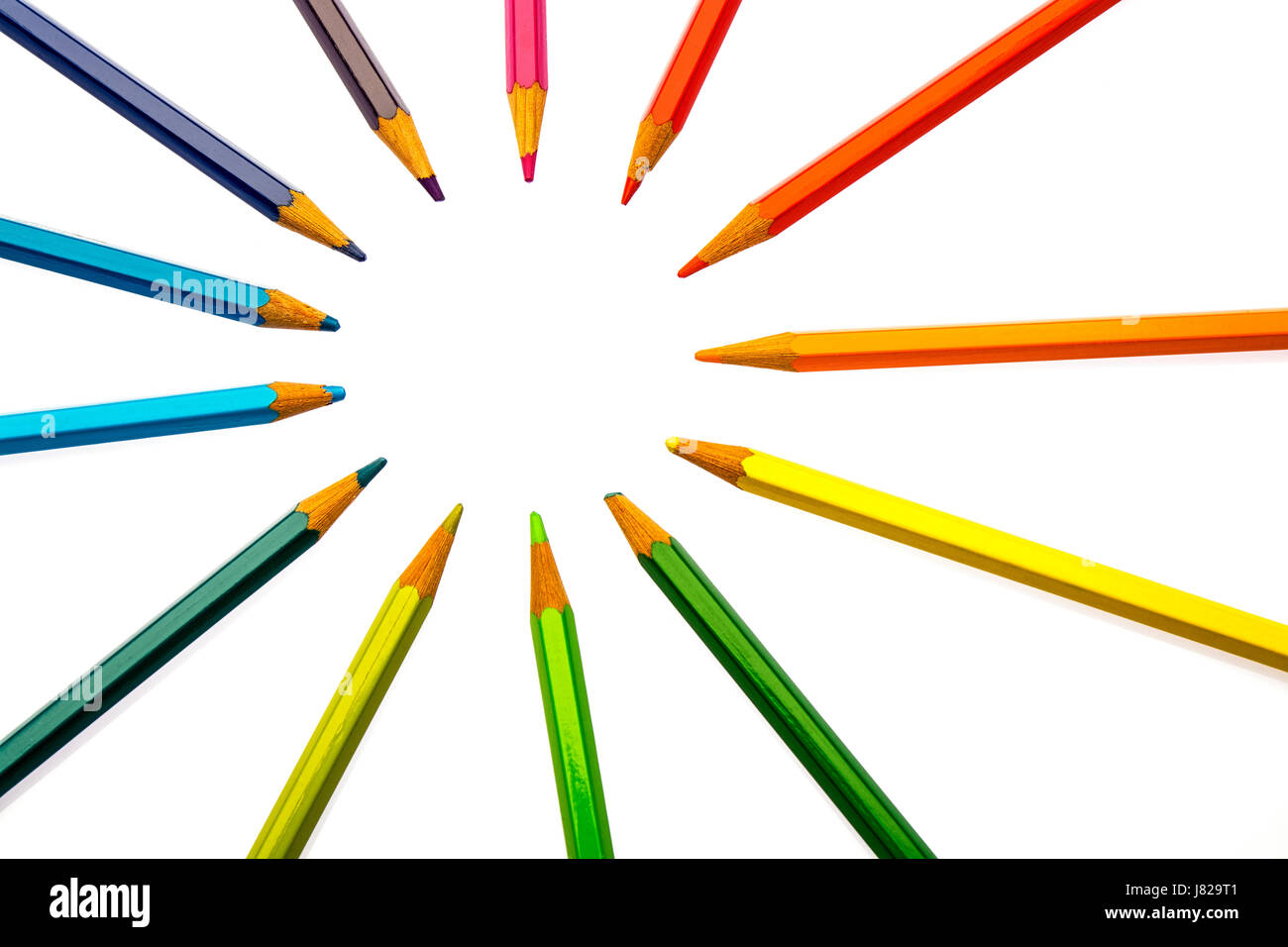 color pencils of different colors making a color wheel on white ...