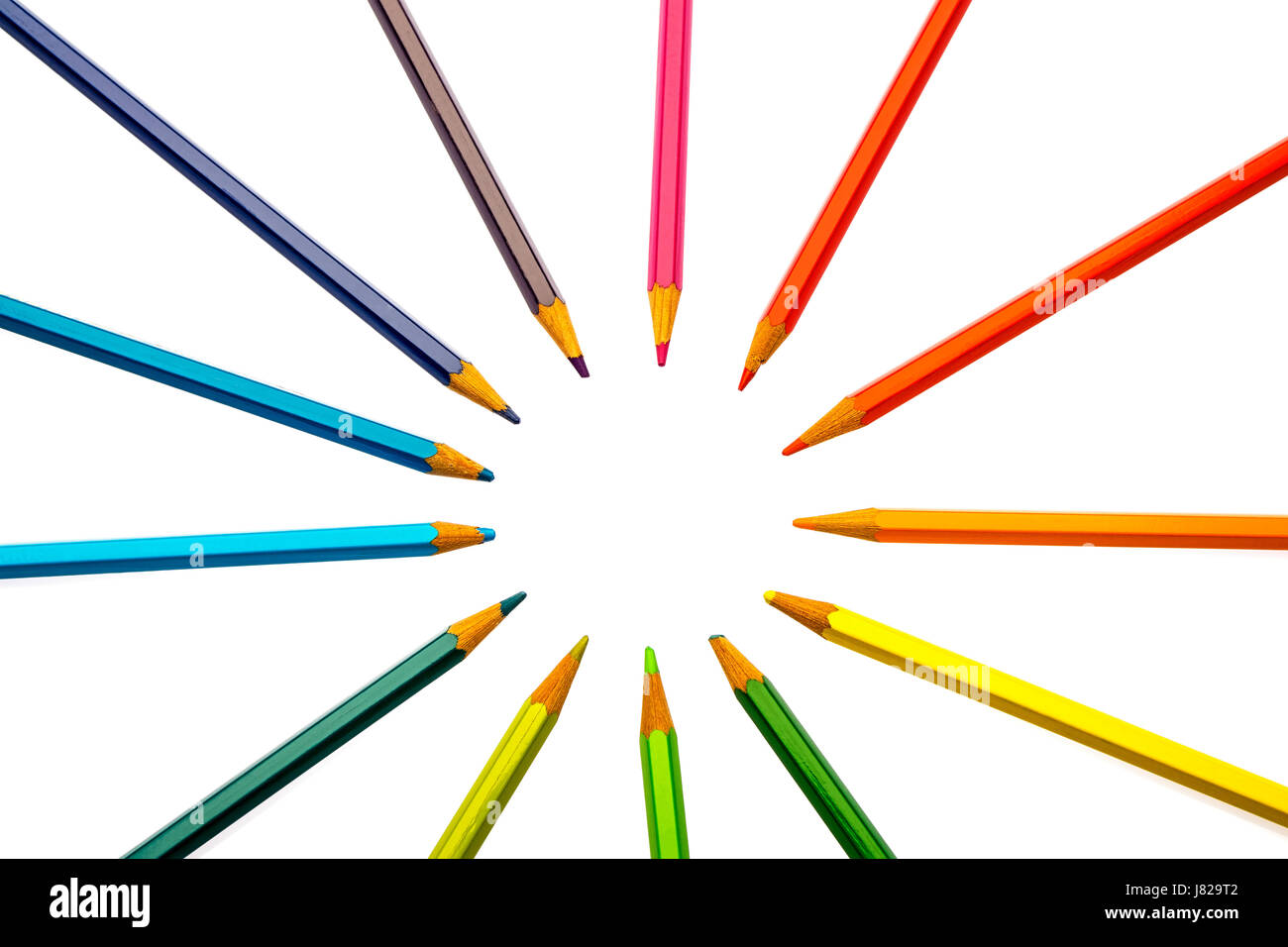 color pencils of different colors making a color wheel on white ...