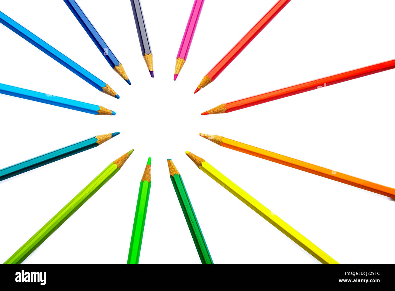 color pencils of different colors making a color wheel on white ...