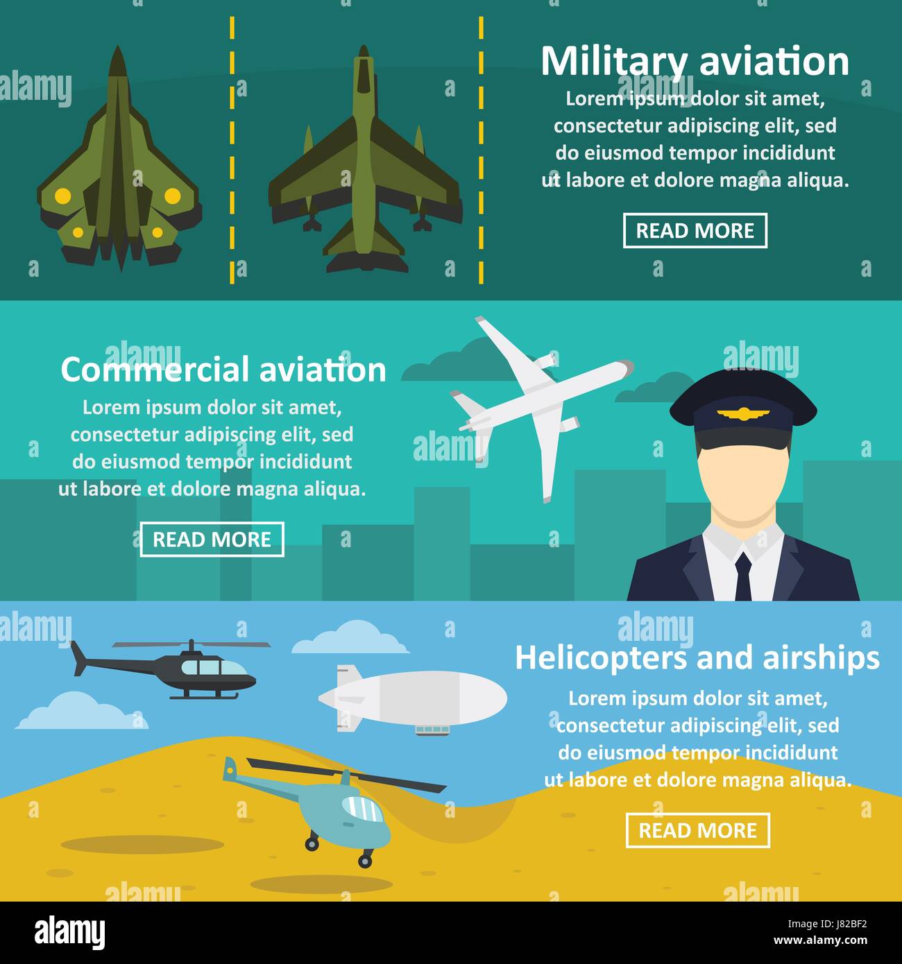 Military avia banner horizontal set, flat style Stock Vector Image ...