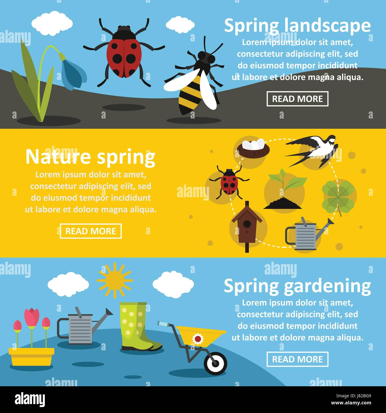 Spring nature banner horizontal set, flat style Stock Vector Image ...