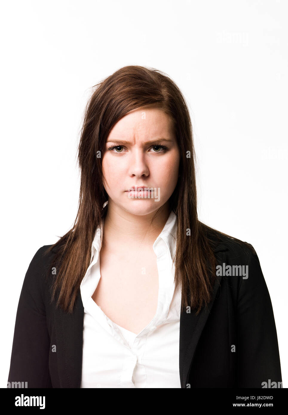 woman feminine portrait sad person studio grave serious irritated ...