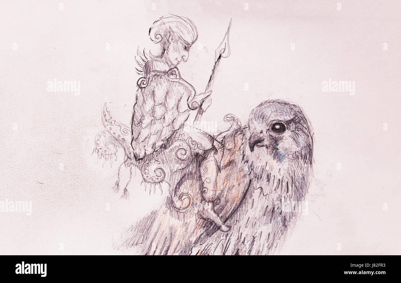 Elf Warrior on hawk. pencil drawing on old paper Stock Photo - Alamy