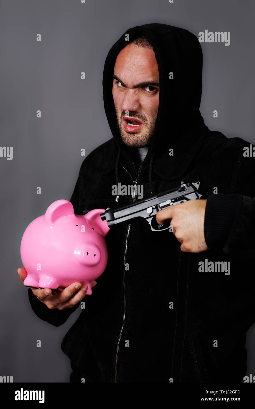 bank lending institution robber gun firearm piggy man theif thief bank ...