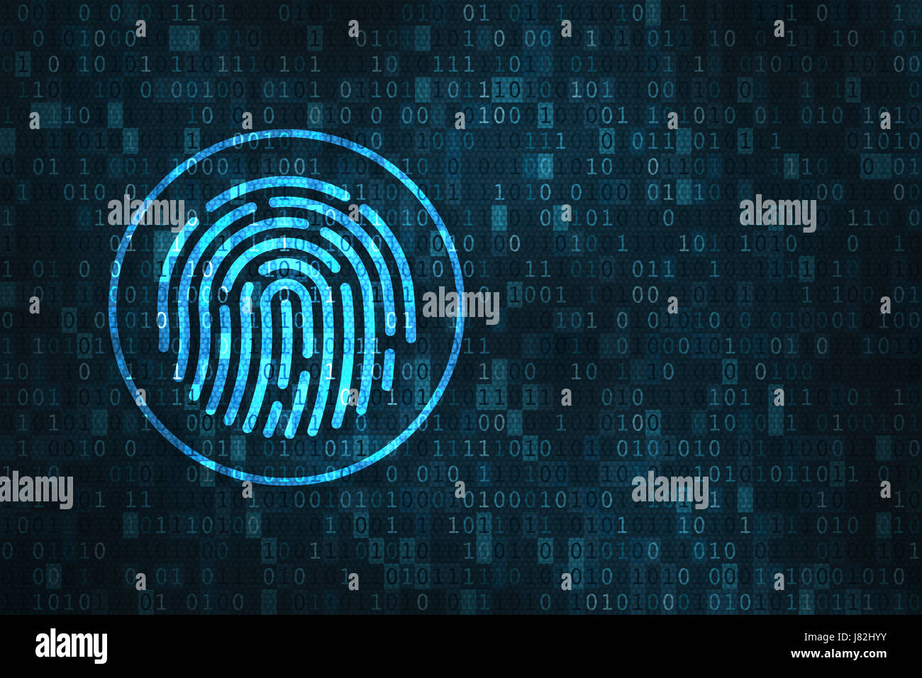 Digital fingerprint security concept with icon of finger scan over binary digits background ...