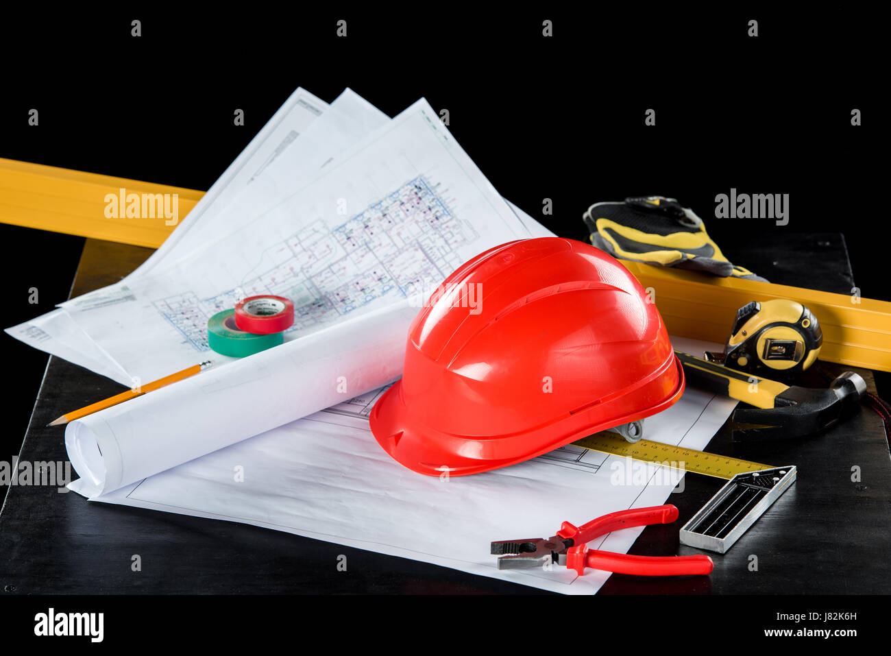 Close up view of engineering equipment on black table Stock Photo - Alamy