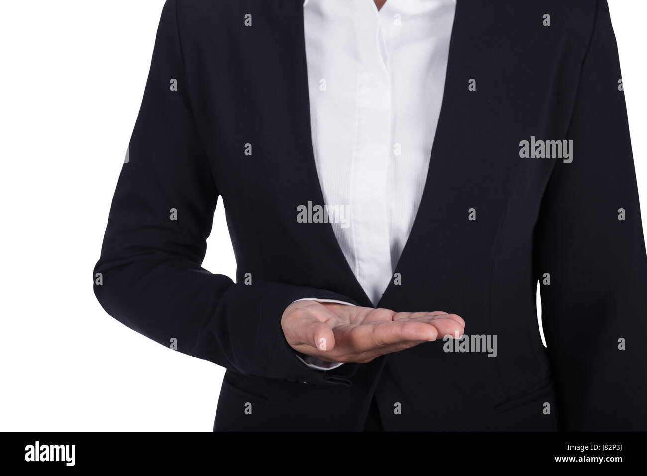 business woman open hand holding something (with clipping path ...