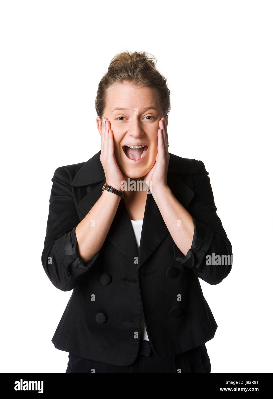 woman female bridge face studio frightened expression anxious afraid ...